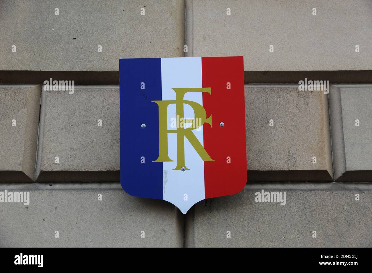French Flag on Shield With Letters R F On Wall Outside the French ...
