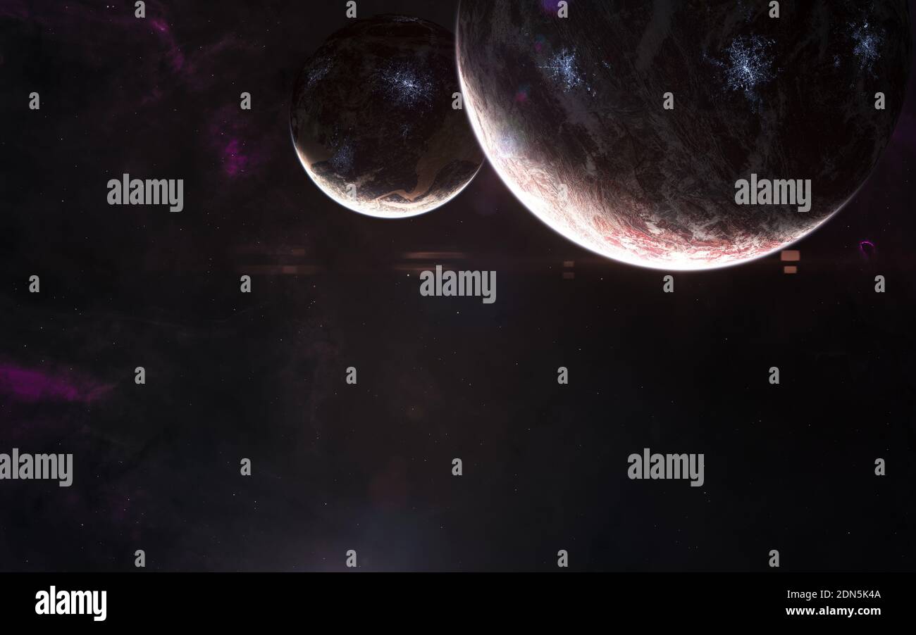 Inhabited planets against background of deep space nebulae Stock Photo ...