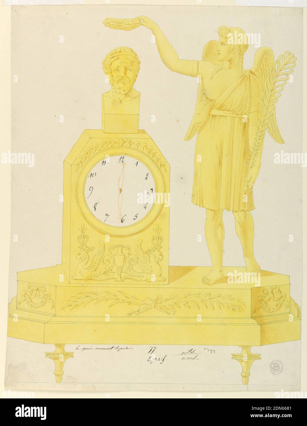 Design for a clock, Pen and black ink, brush and yellow, red watercolor ...