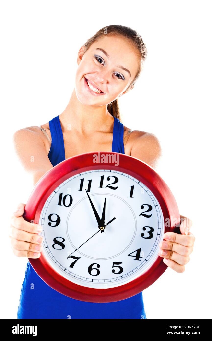 teenager with clock isolated on a white background Stock Photo - Alamy