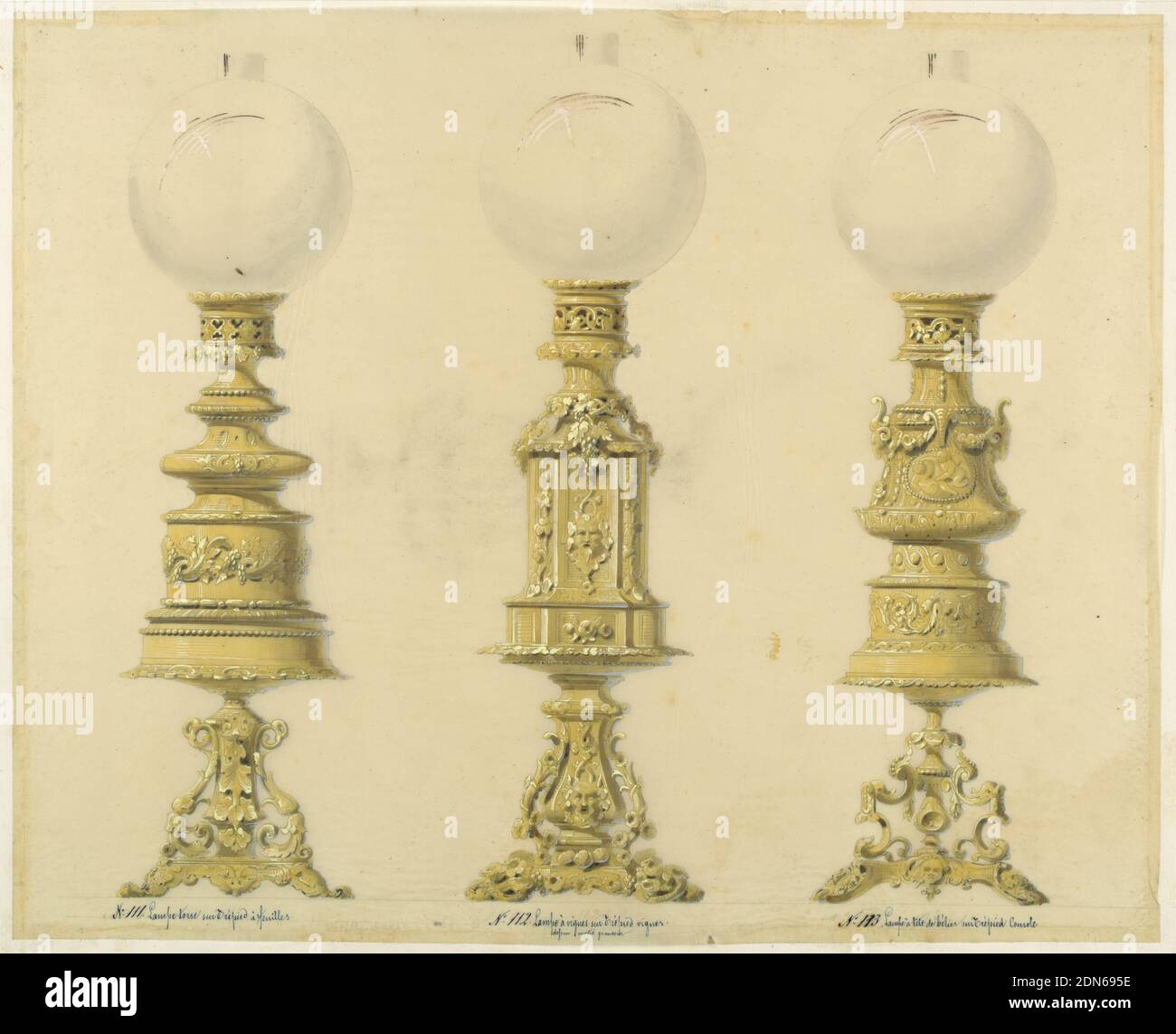 Design for Three Lamps, Graphite, pen and ink, brush and watercolor ...