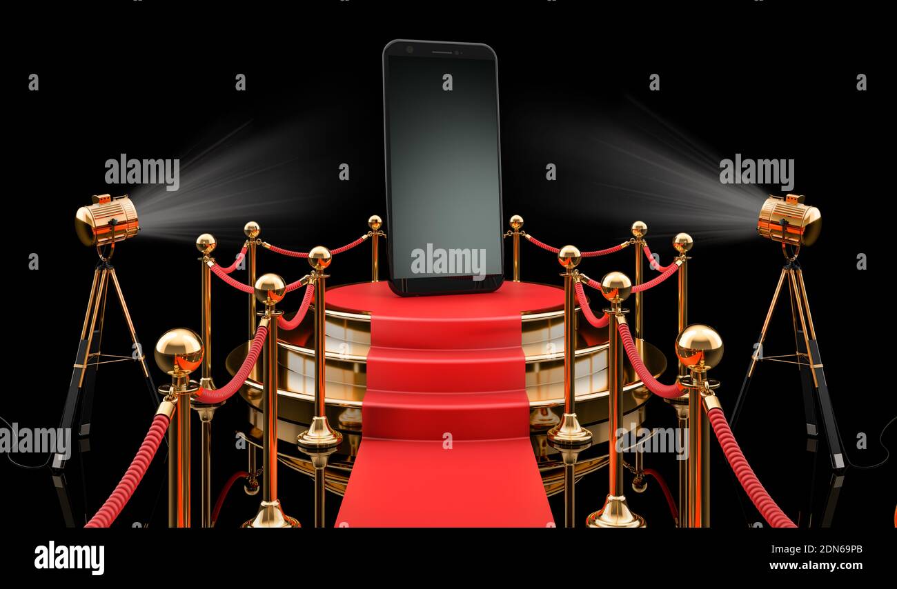 Podium with smartphone phone, 3D rendering isolated on black background ...