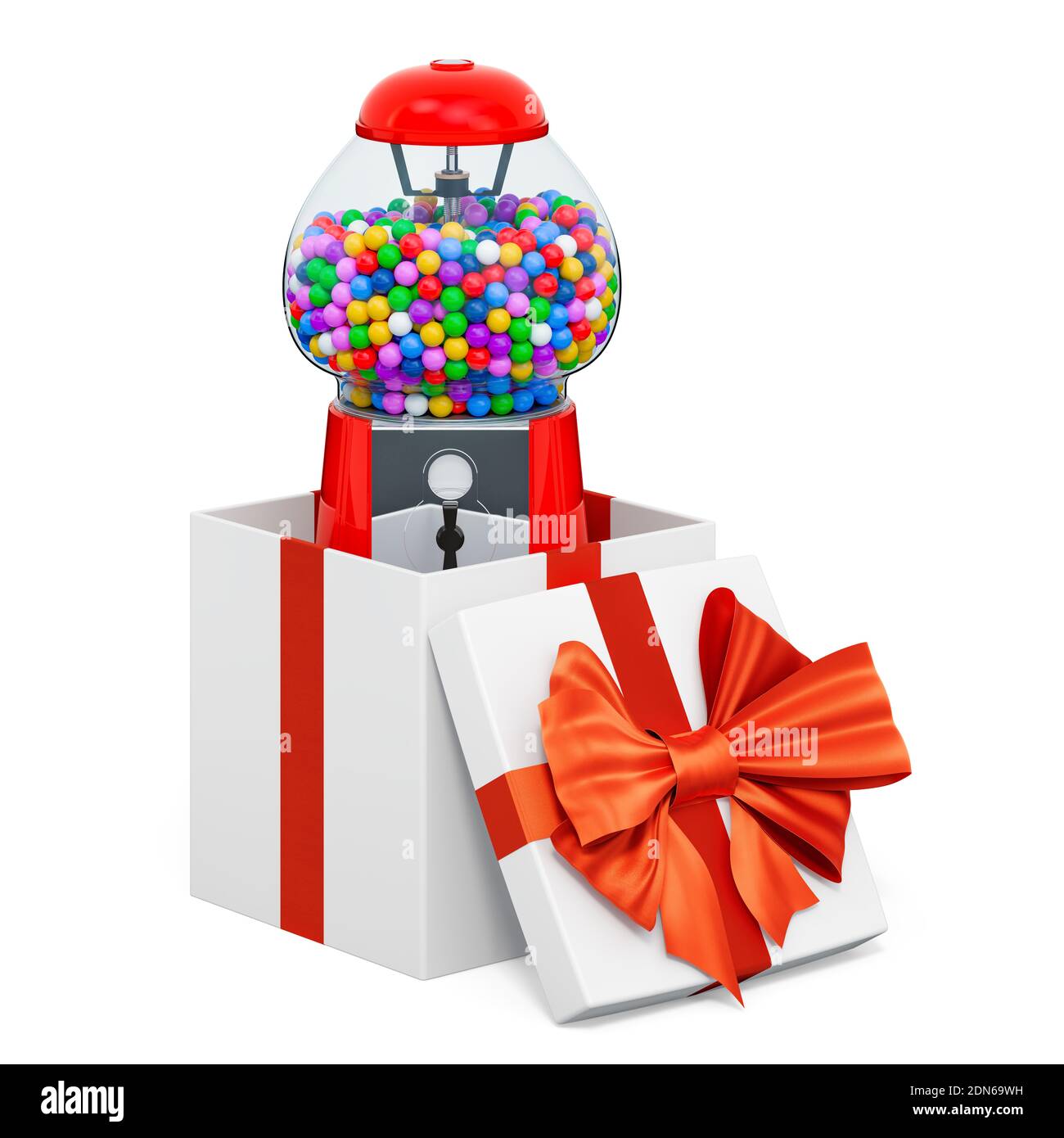 Gumball machine, gum dispencer inside gift box, present concept. 3D ...