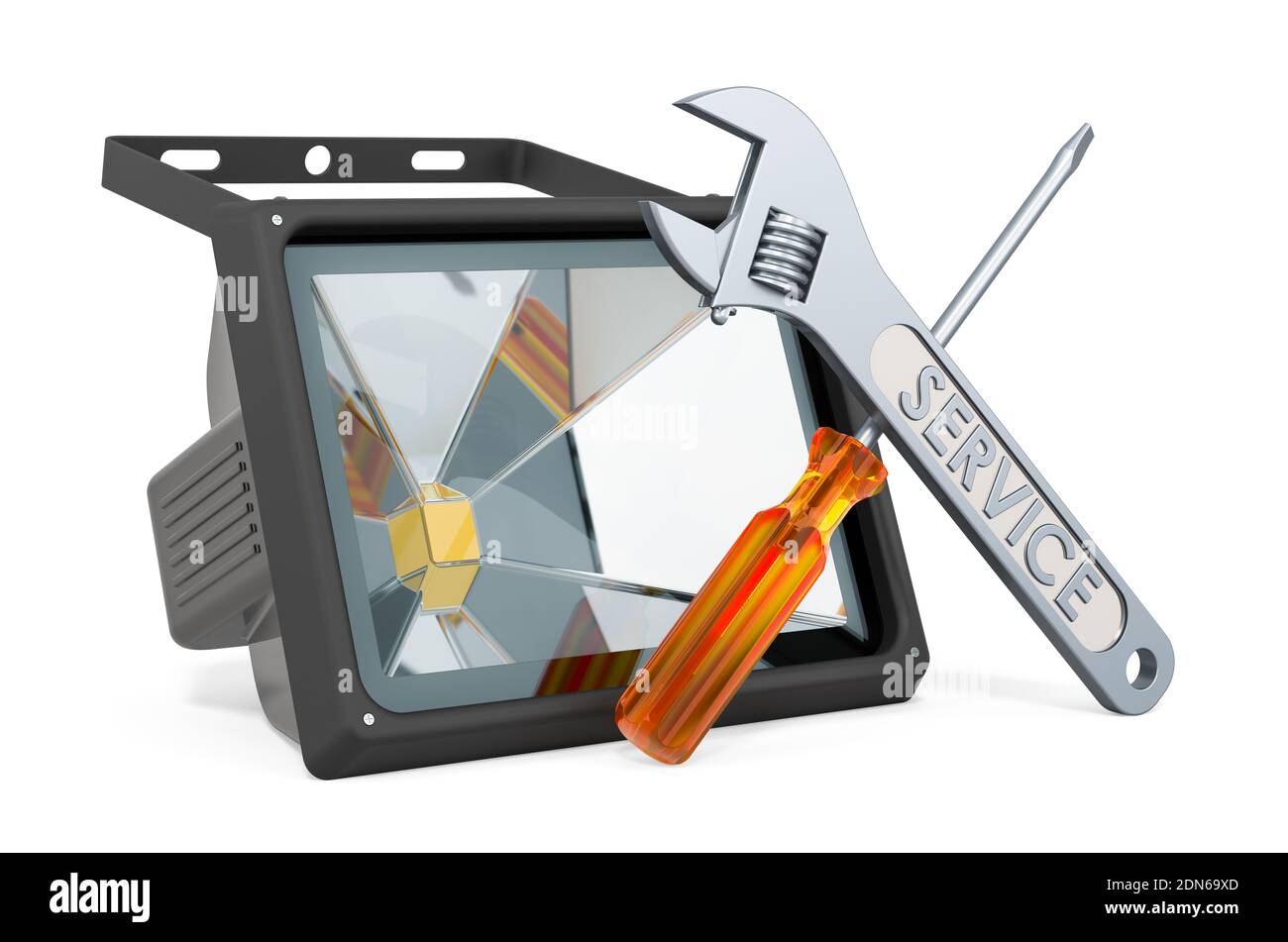 Service and repair of spotlight LED, projector. 3D rendering isolated ...