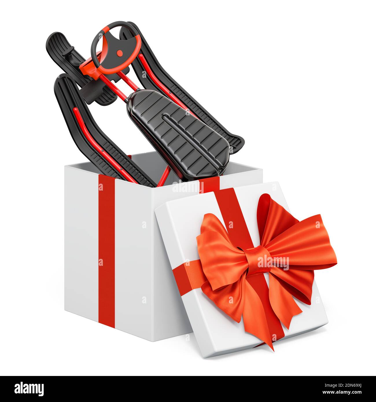Snowracer Snow Sled inside gift box, present concept. 3D rendering ...
