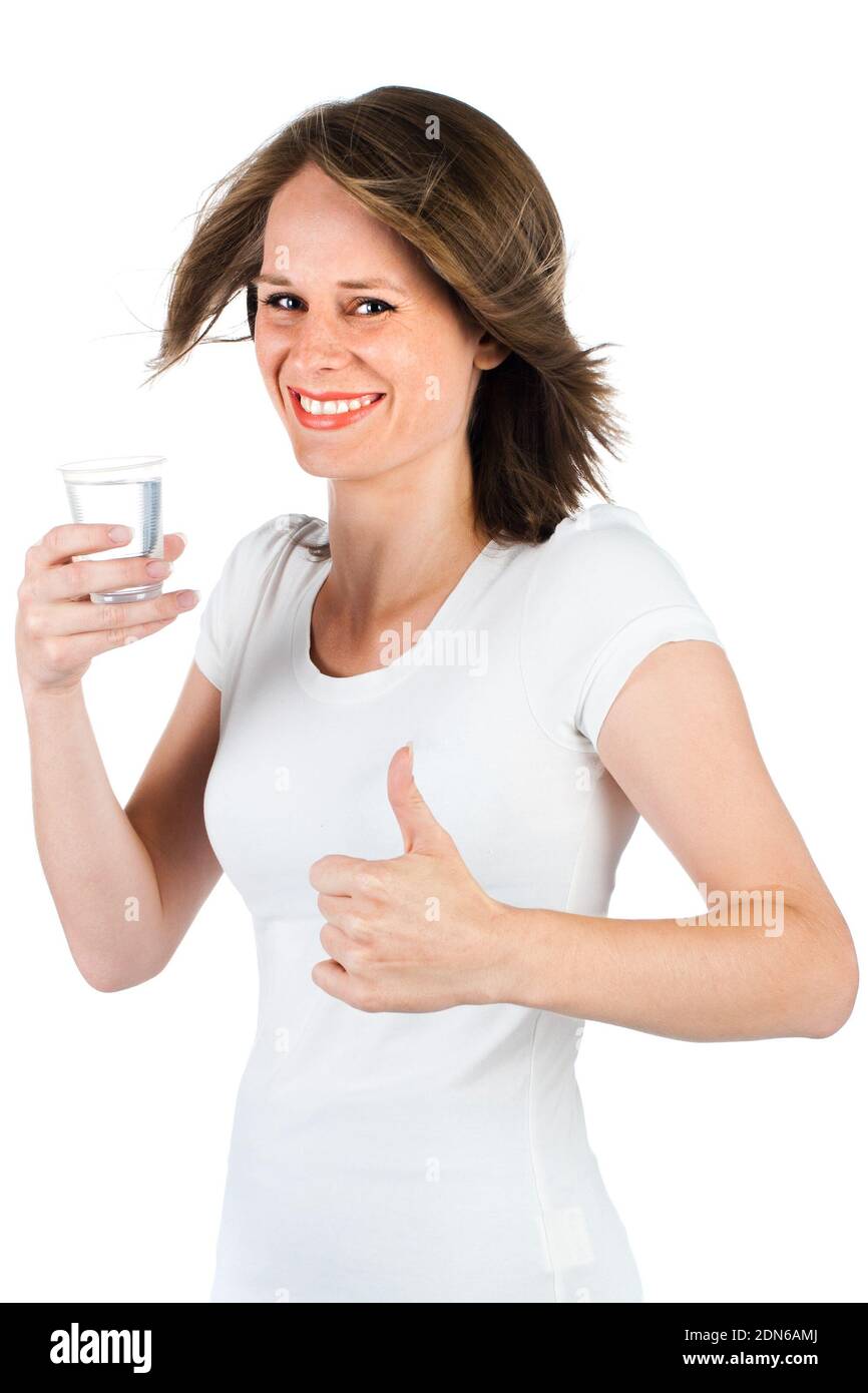 woman drinking water and giving thumb up Stock Photo - Alamy