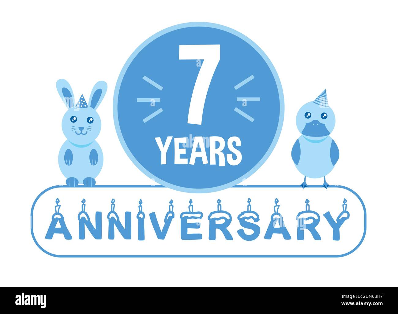 7th birthday. Seven years anniversary celebration banner with blue ...