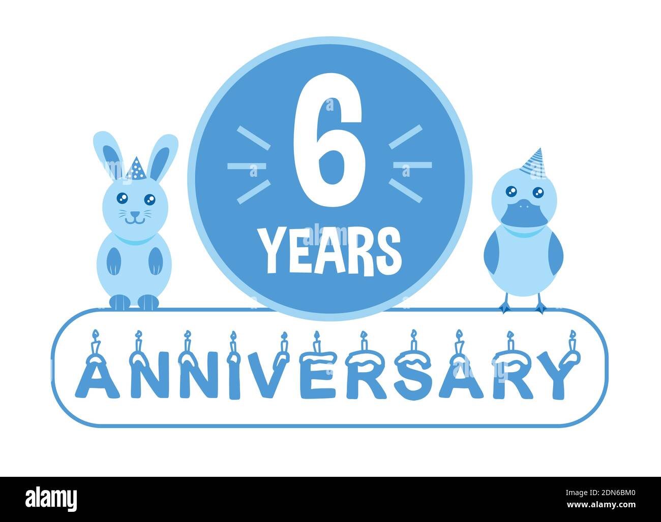 6th birthday. Six years anniversary celebration banner with blue ...