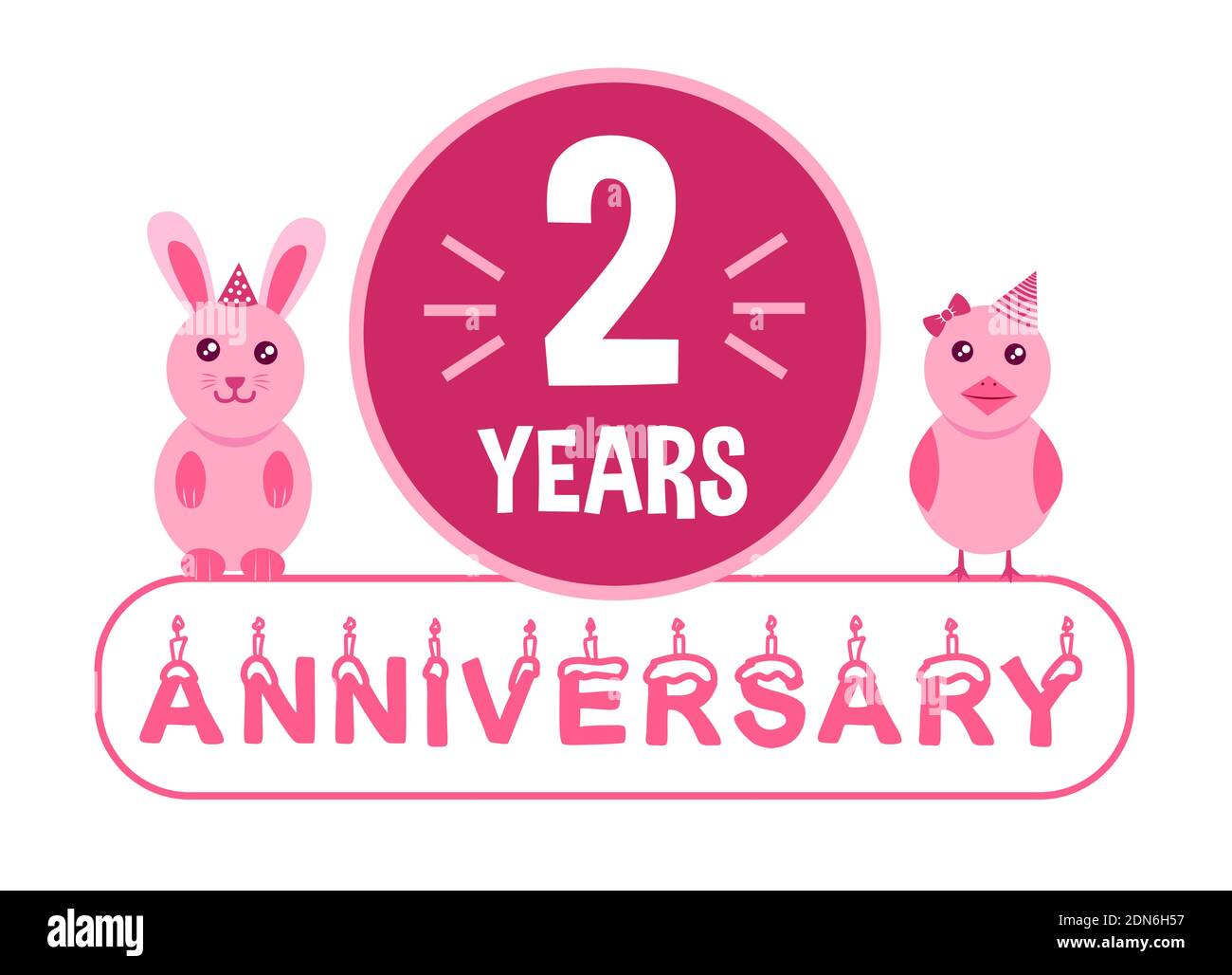 2nd birthday. Two years anniversary celebration banner with pink ...