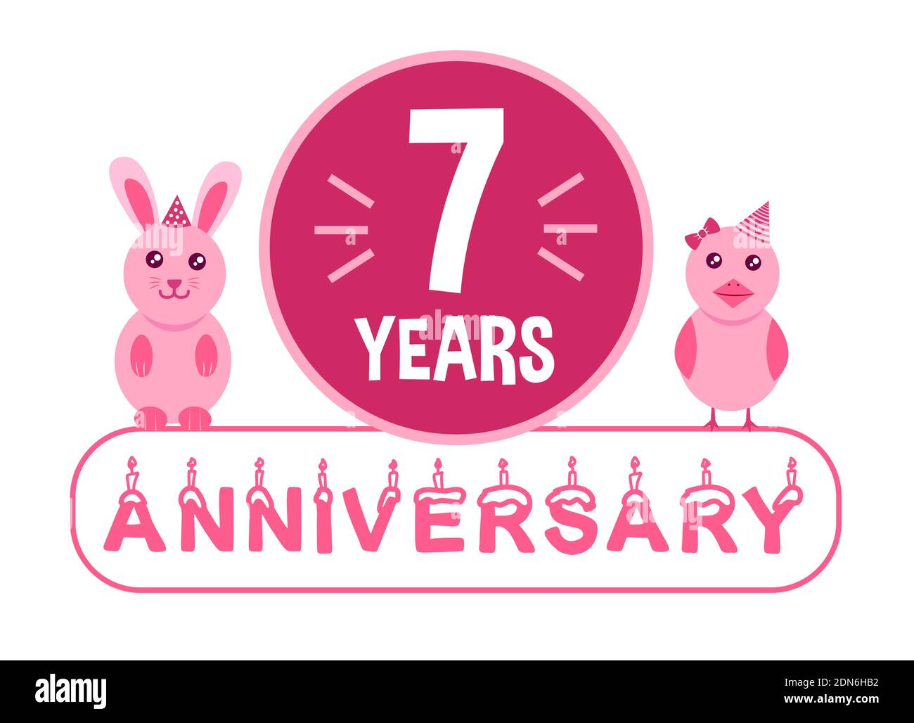 7th birthday. Seven years anniversary celebration banner with pink ...