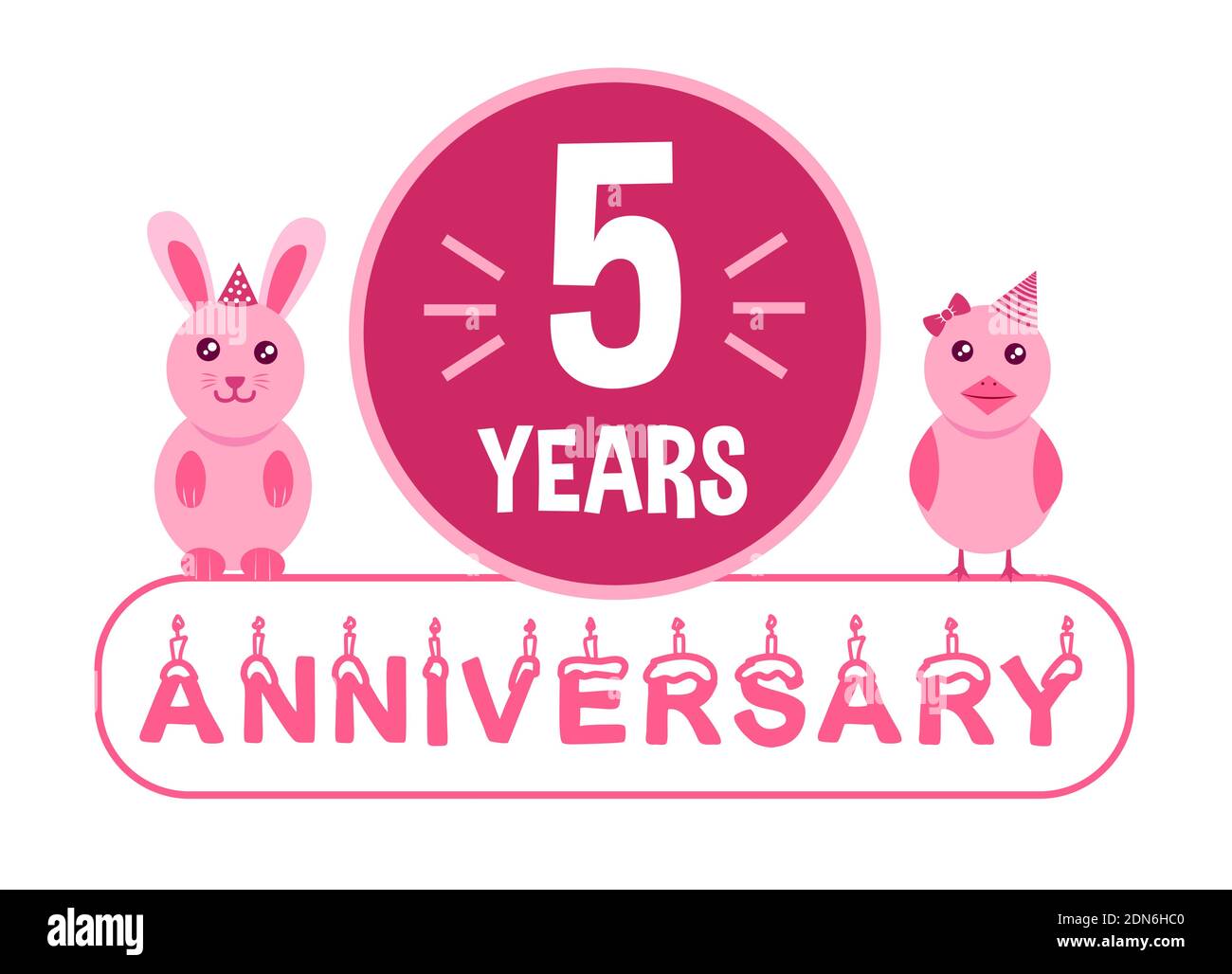 5th birthday. Five years anniversary celebration banner with pink ...