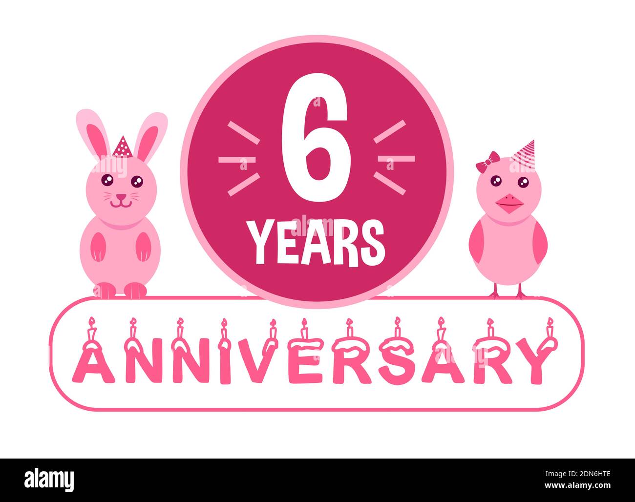 6th birthday. Six years anniversary celebration banner with pink ...