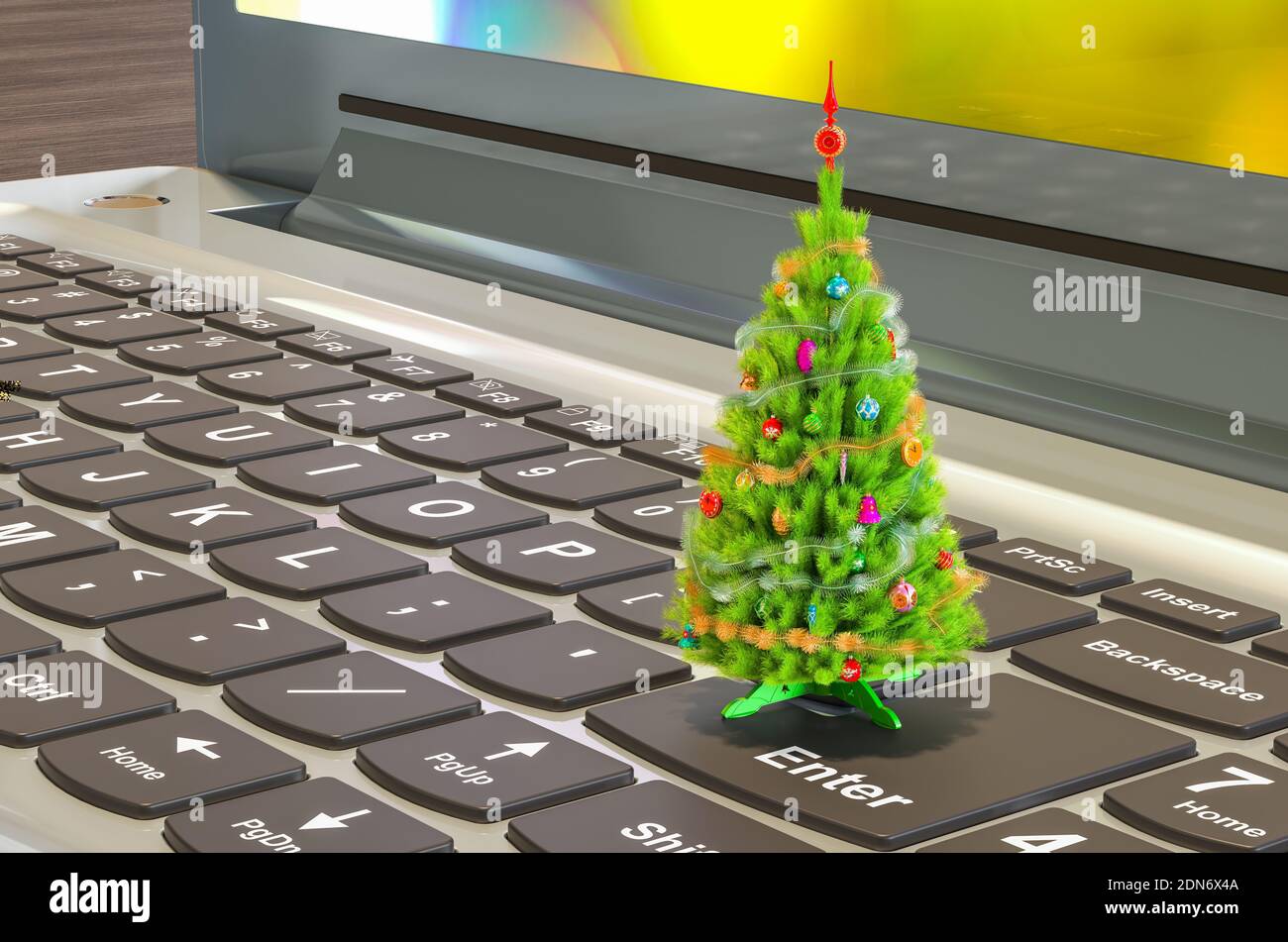Christmas tree on the keyboard of laptop, 3D rendering isolated on ...