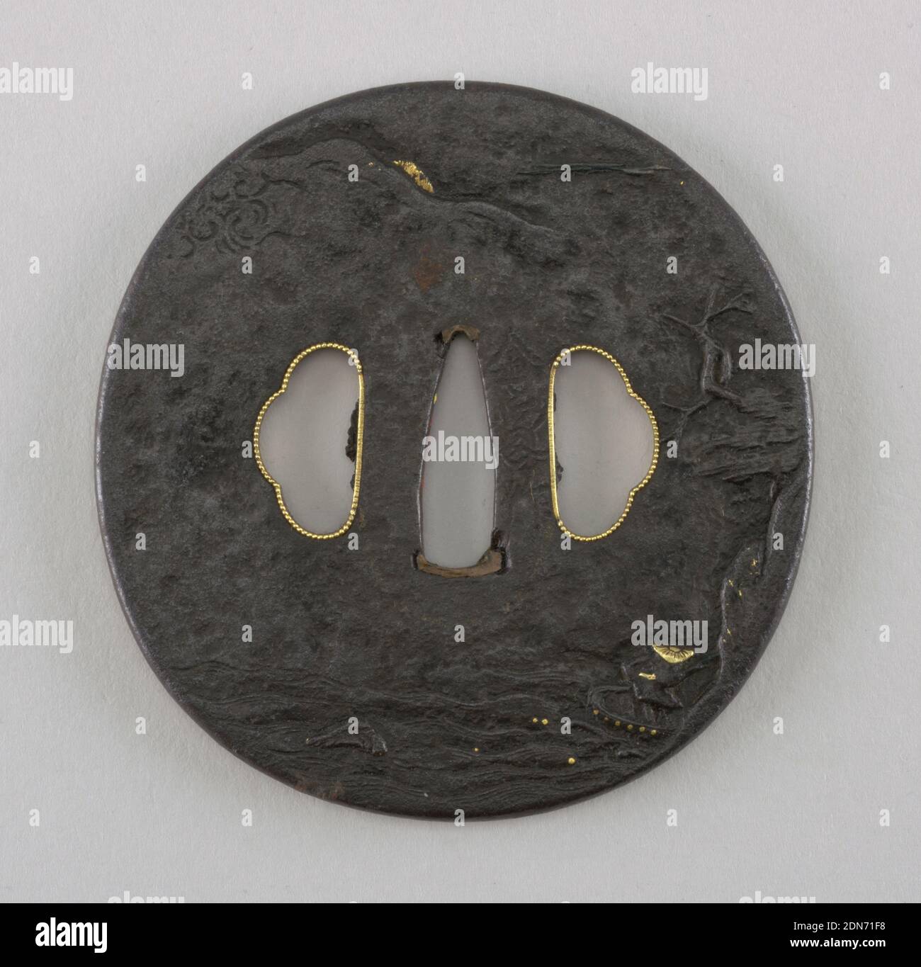 Tsuba, Material: Tetsu Surface: Deku-boku Shape: Naga maru, A circe ...