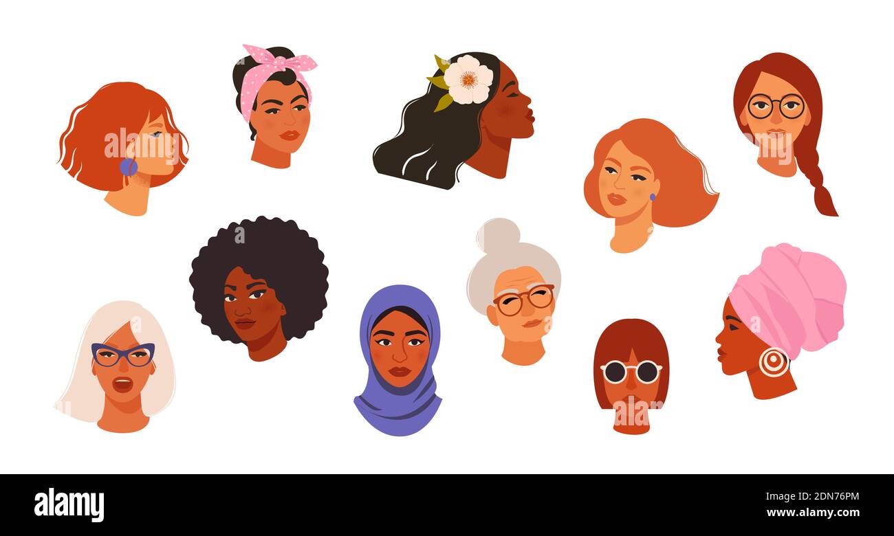 Portraits of beautiful women of different skin color, age, hairstyle ...