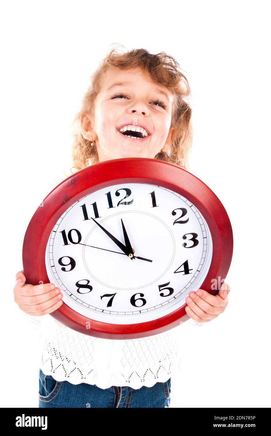 girl with clock isolated on a white background Stock Photo - Alamy