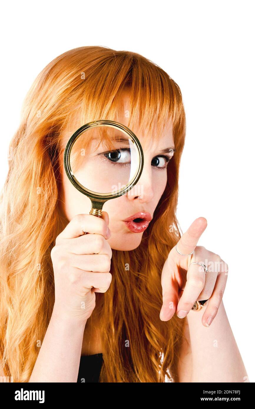 woman with magnifying glass isolated on a white background Stock Photo ...