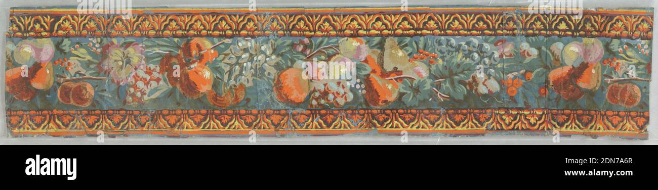 Border, Block-printed on handmade paper, Narrow border with fruit and ...