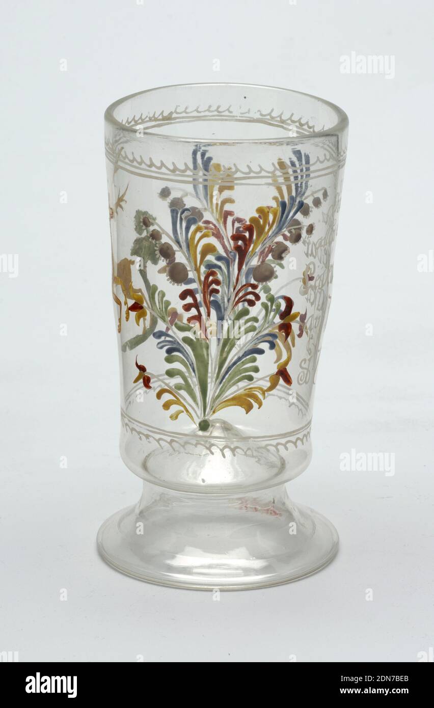 Beaker, Glass, Large clear glass beaker with painted decoration of a ...