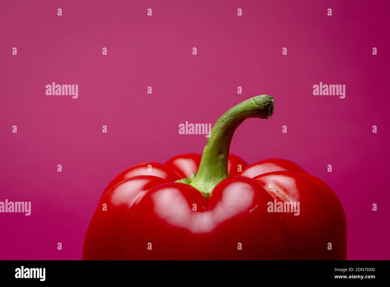 Clean purple colored frame with the top of a vibrant red Bell pepper or ...