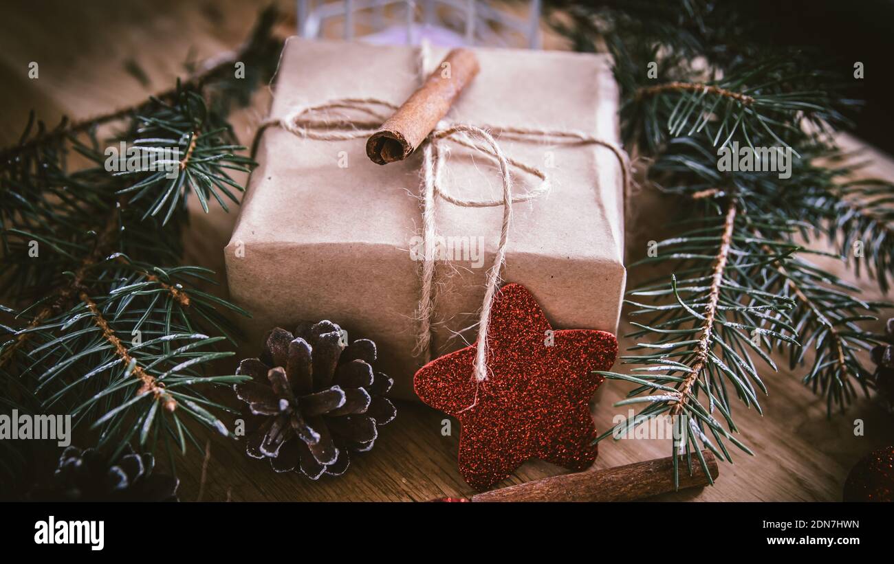 .box with gift on Christmas background . retro style Stock Photo - Alamy