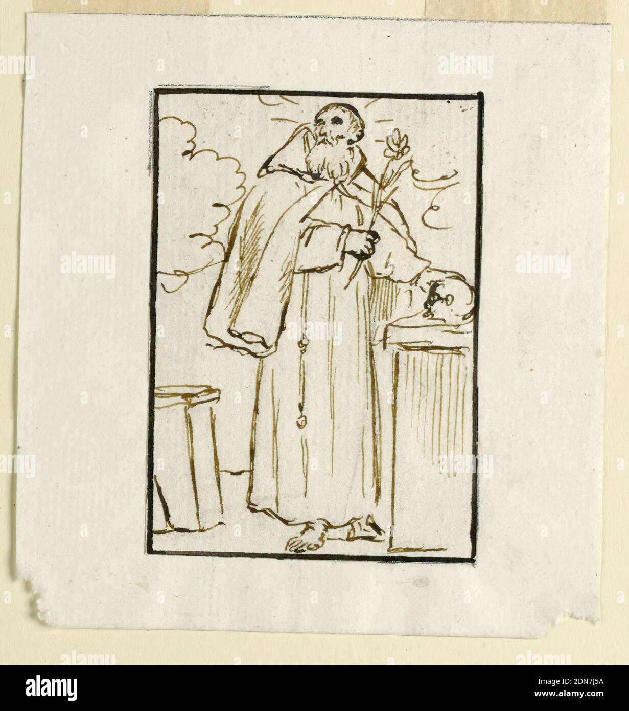 A Capuchin Saint, Pen and ink on paper, Shown standing in his cell ...