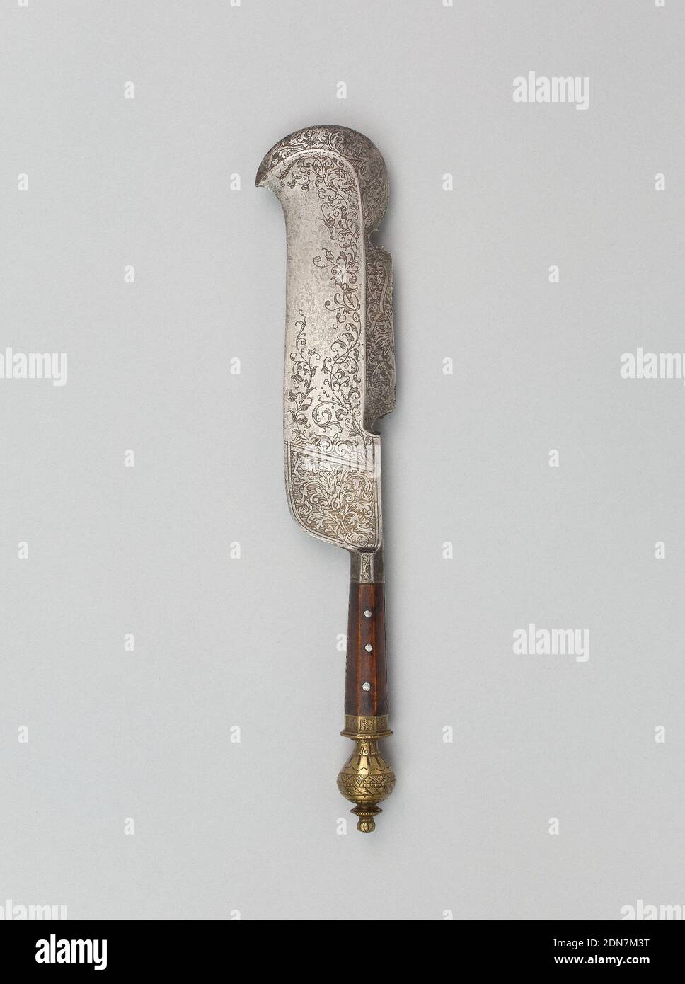 A top view of an ancient metal blade isolated on gray surface ...