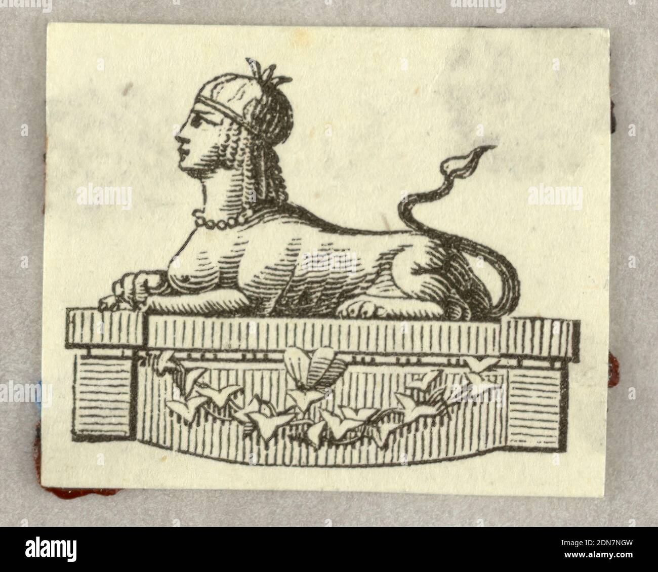 Wood engraving. Vignette., Engraving and etching, Sphinx crouching to ...