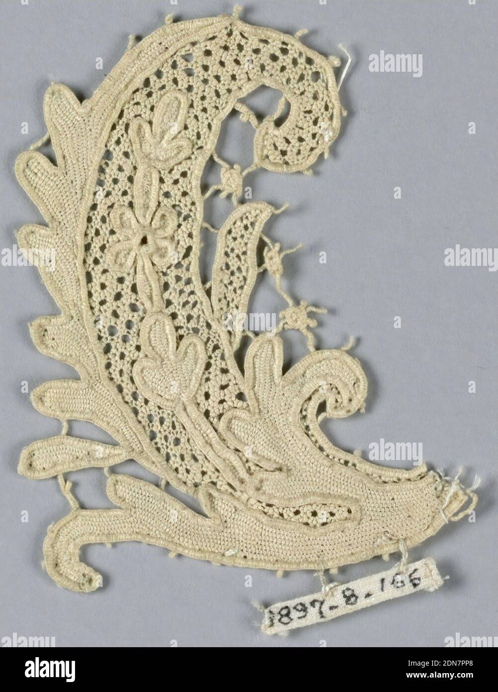 Fragment, Medium: linen Technique: needle lace, Fragment of raised lace ...