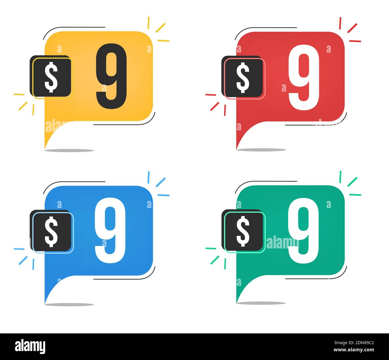 9 dollar price. Yellow, red, blue and green currency tags with balloon ...