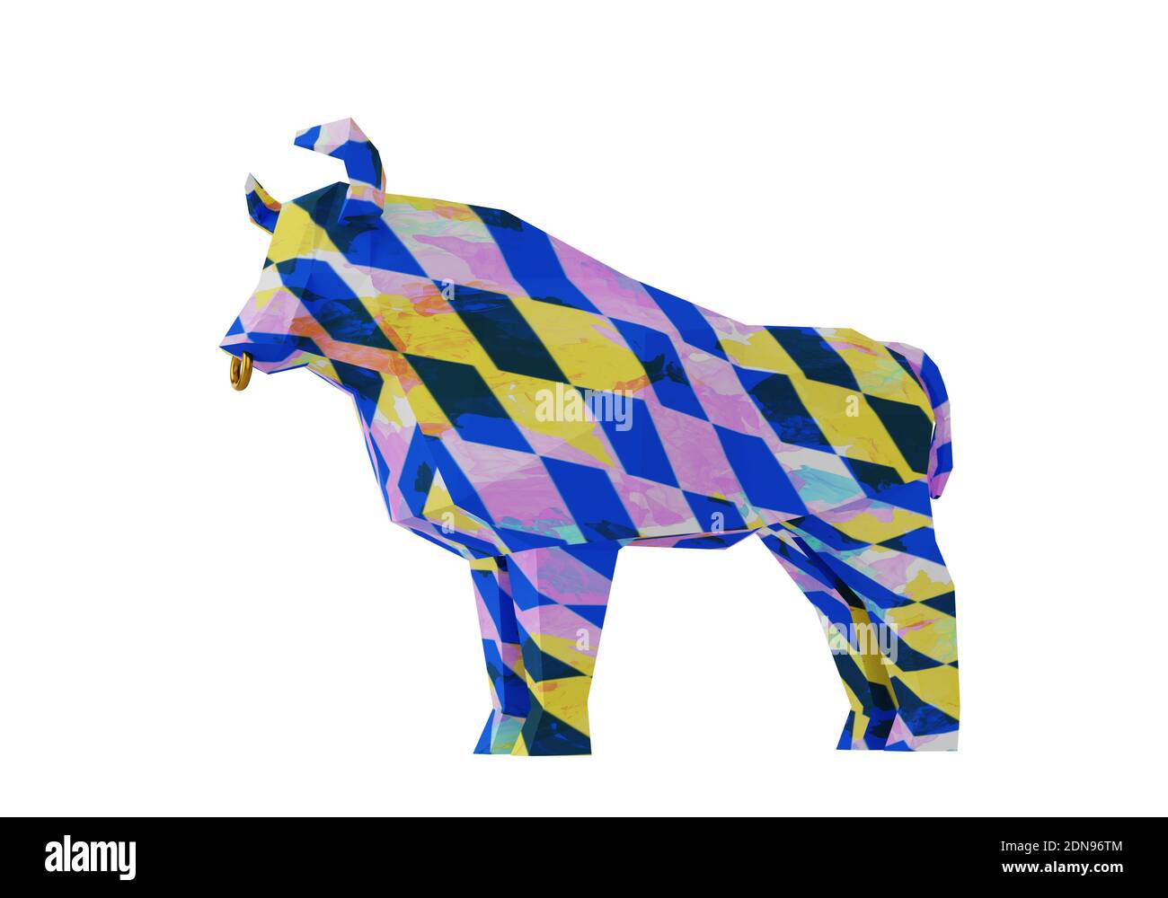 Statuette of a simplified polygonal Colored Striped Bull, a symbol of ...