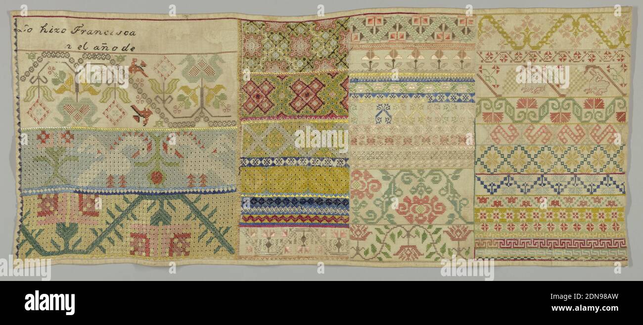 Sampler, Medium: silk embroidery on linen foundation Technique: long ...