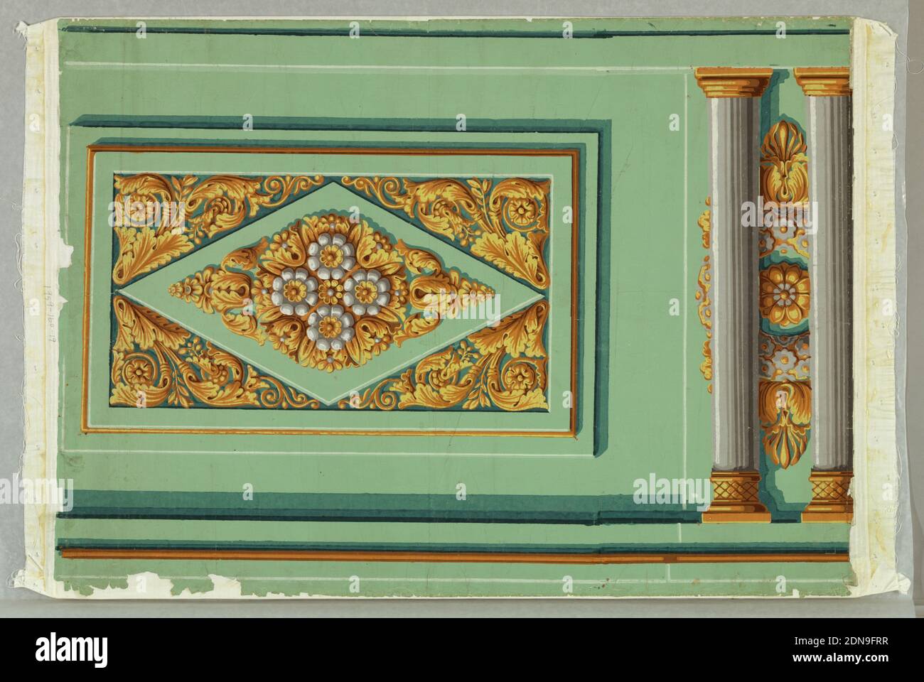 Dado, Block-printed paper, Empire style dado fragment. On light, bright ...