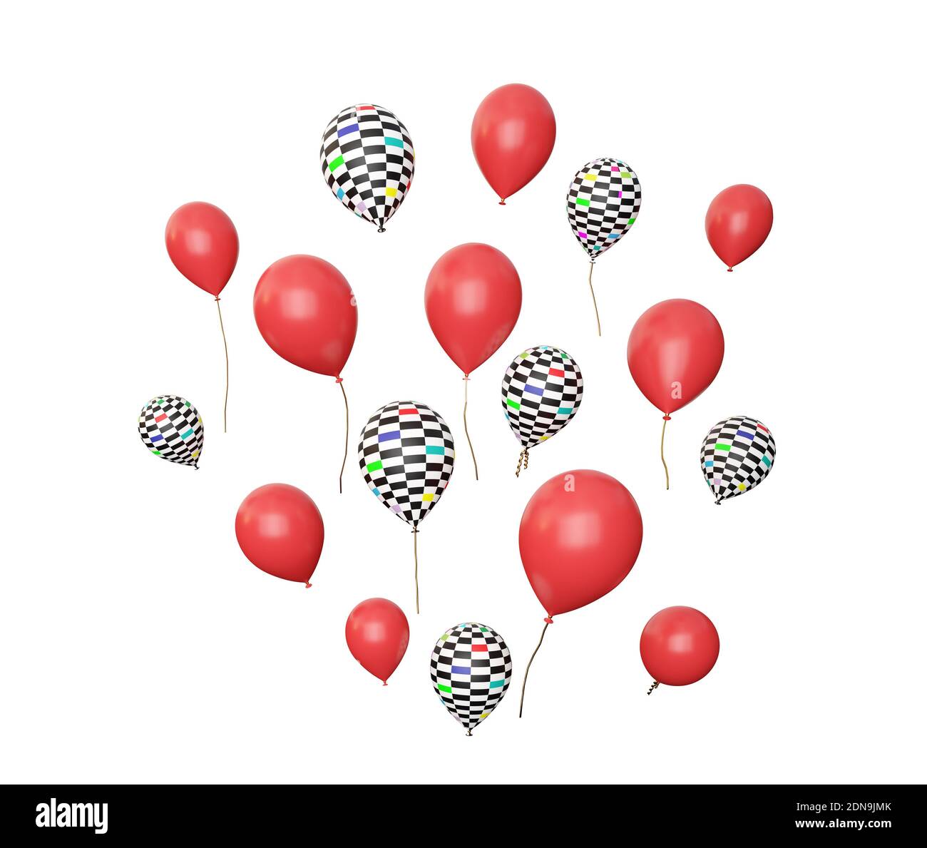 many flying red and checkered balloons isolated on white, 3d render ...