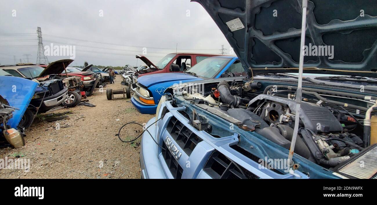Car wrecks in a typical American junkyard, Houston, Texas Stock Photo ...