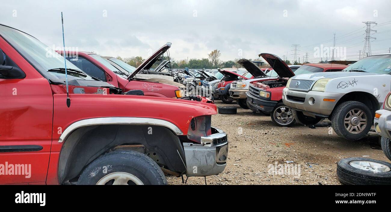 Car wrecks in a typical American junkyard, Houston, Texas Stock Photo ...