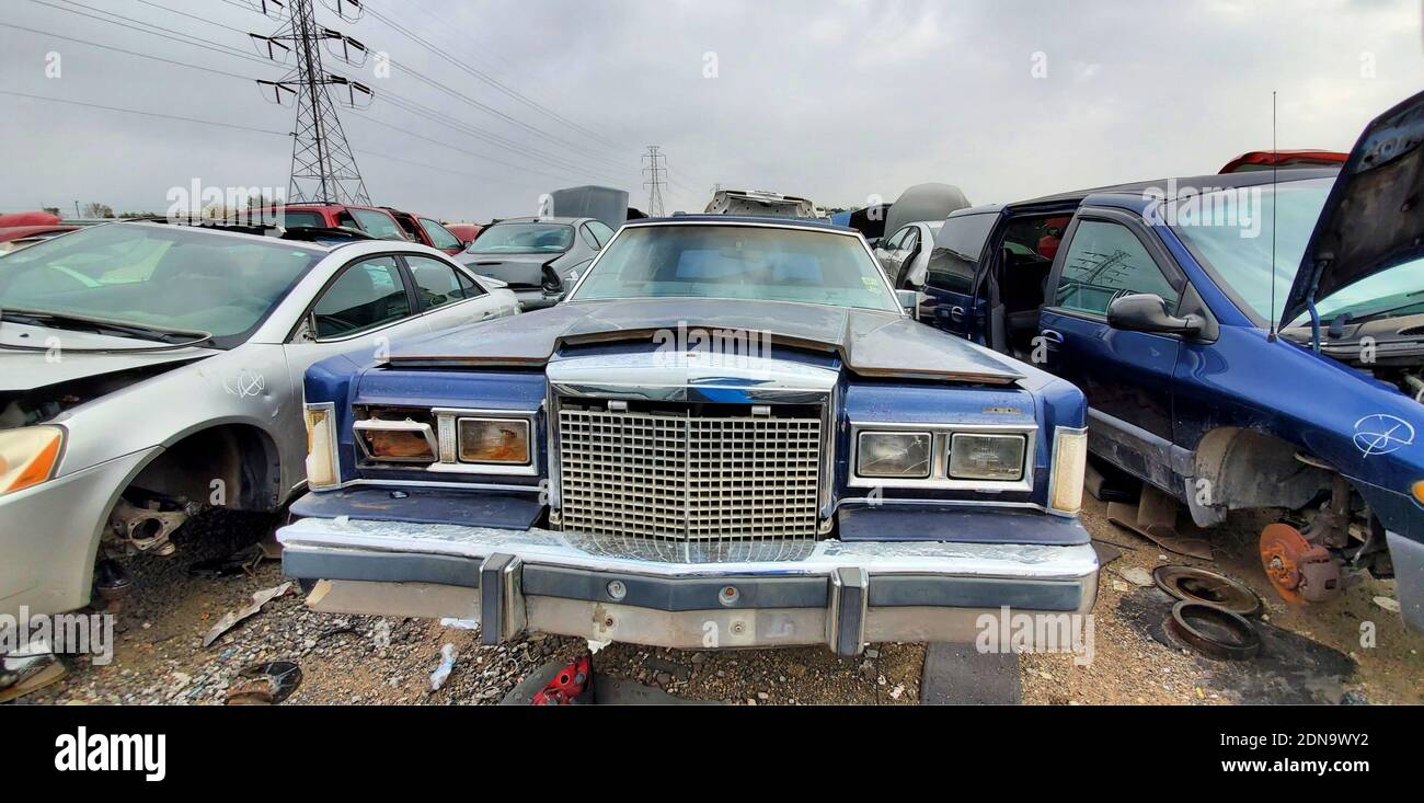 Car wrecks in a typical American junkyard, Houston, Texas Stock Photo ...
