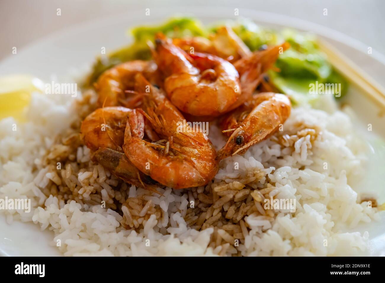angle view fast food shrimp with cabbage and rice horizontal ...