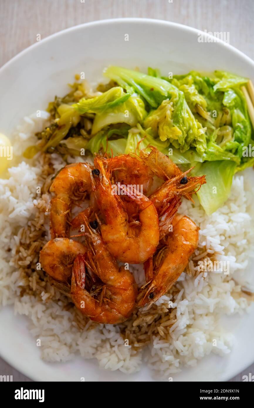top view fast food shrimp with cabbage and rice vertical composition ...