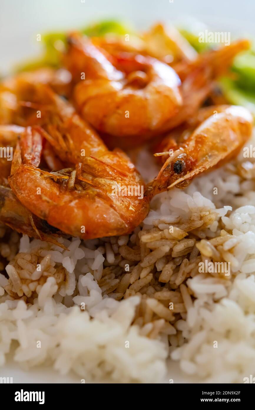 angle view fast food shrimp with cabbage and rice vertical composition ...