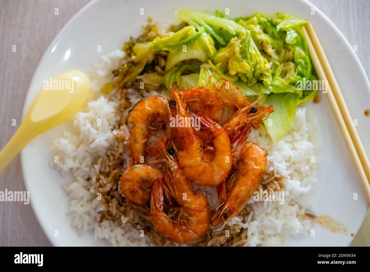 top view fast food shrimp with cabbage and rice horizontal composition ...