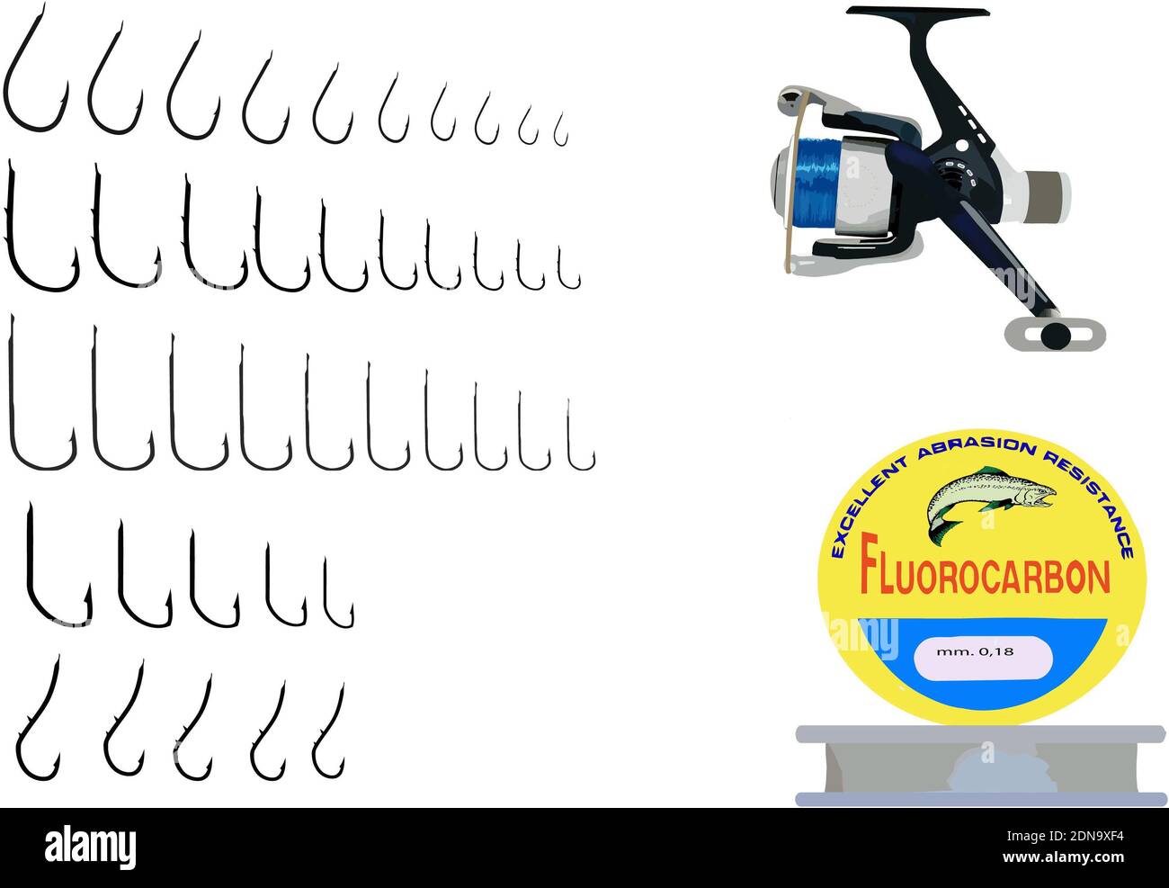 A set of hooks and fishing rod reel isolated on a white background ...