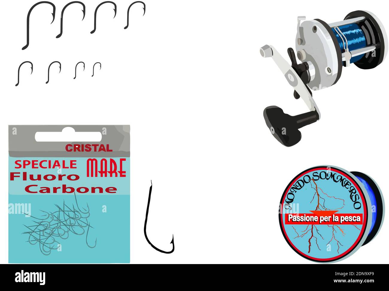 A set of hooks and fishing rod reel isolated on a white background ...