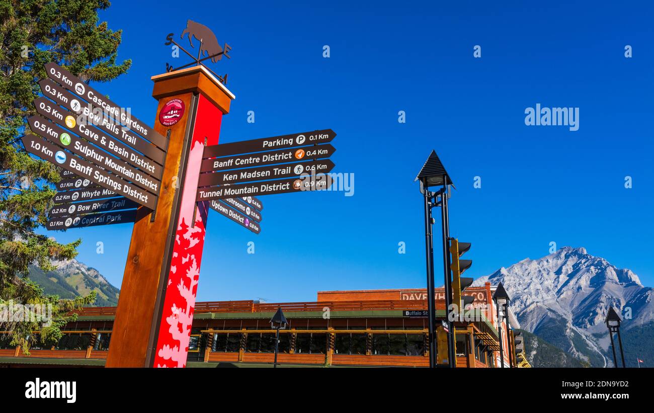 Information sign on Banff Avenue, Banff National Park, Alberta, Canada ...