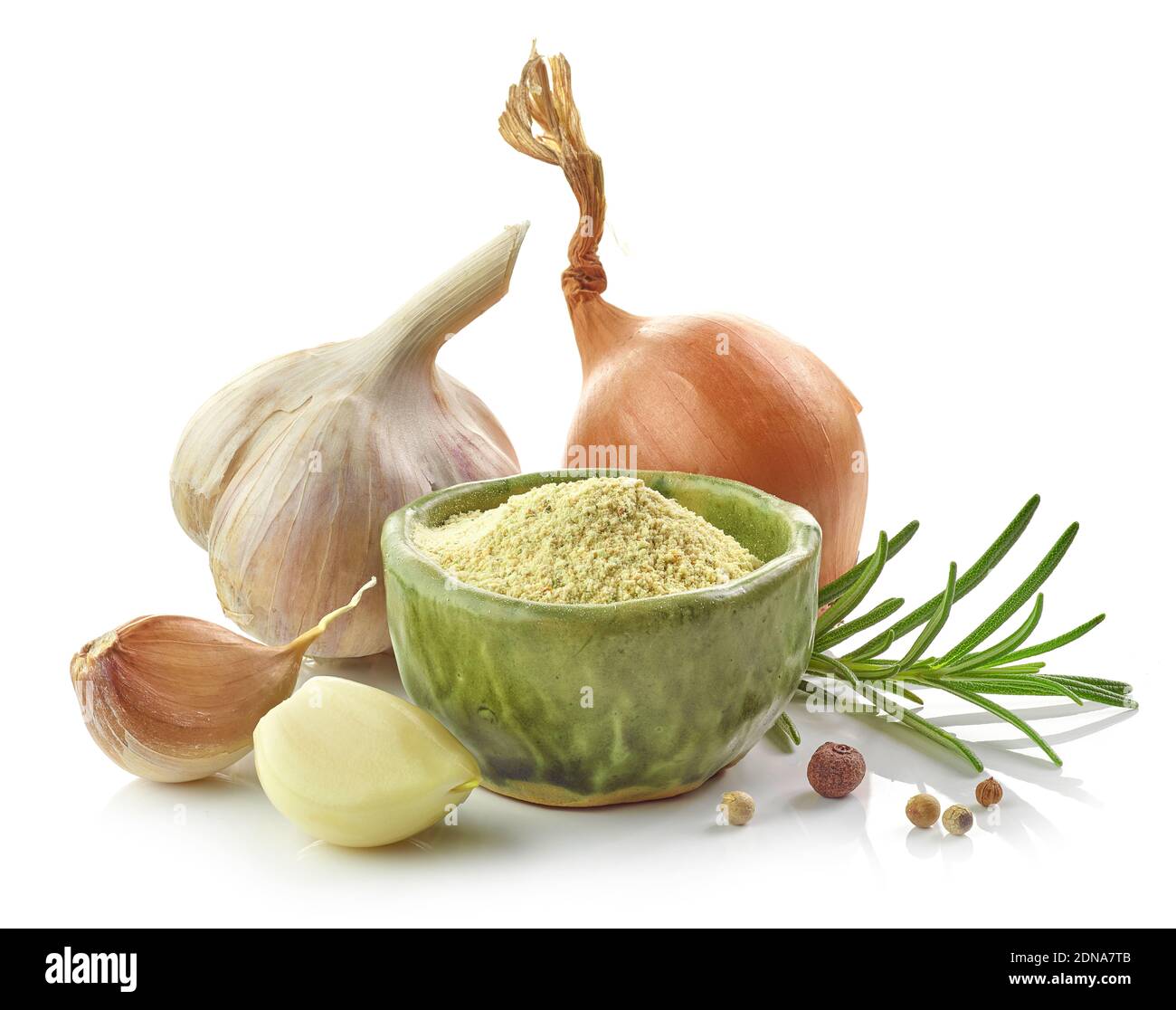 bowl of garlic and onion powder isolated on white background Stock ...