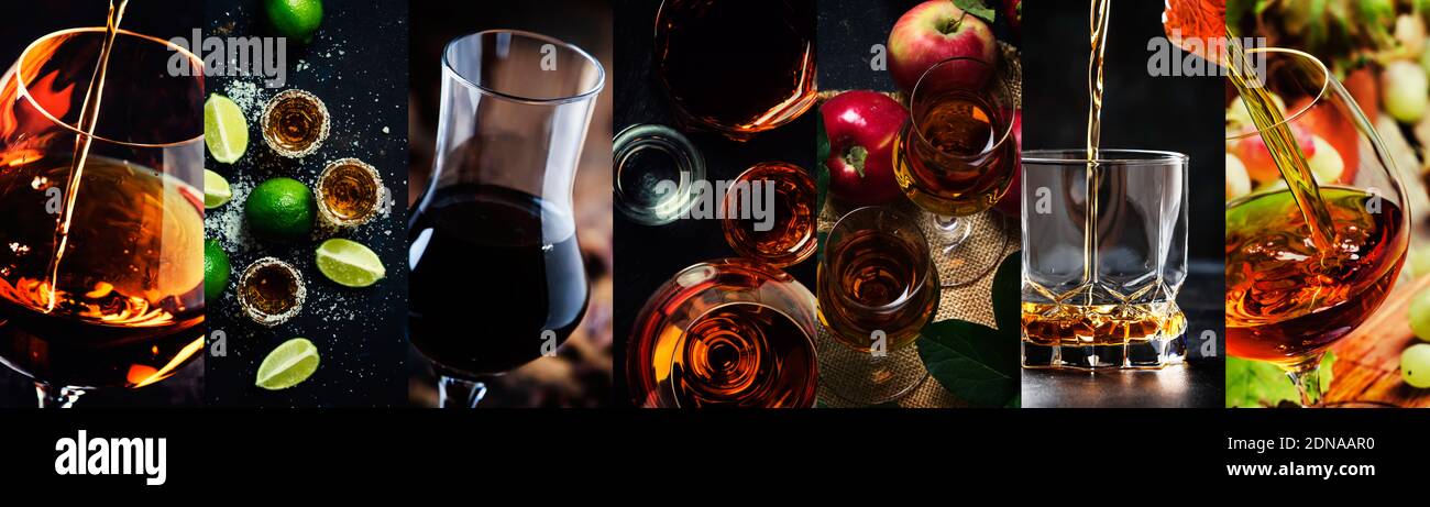 Photo collage, strong alcoholic drinks: cognac, vinsky and brandy ...
