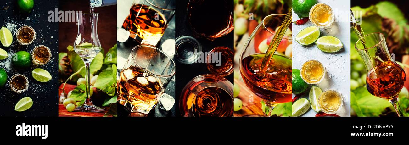 Photo collage, strong alcoholic drinks: cognac, vinsky and brandy ...
