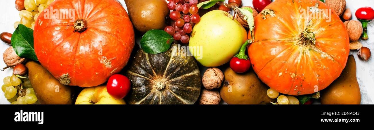 Autumn food background with pumpkins, vegetables, fruits and nuts ...