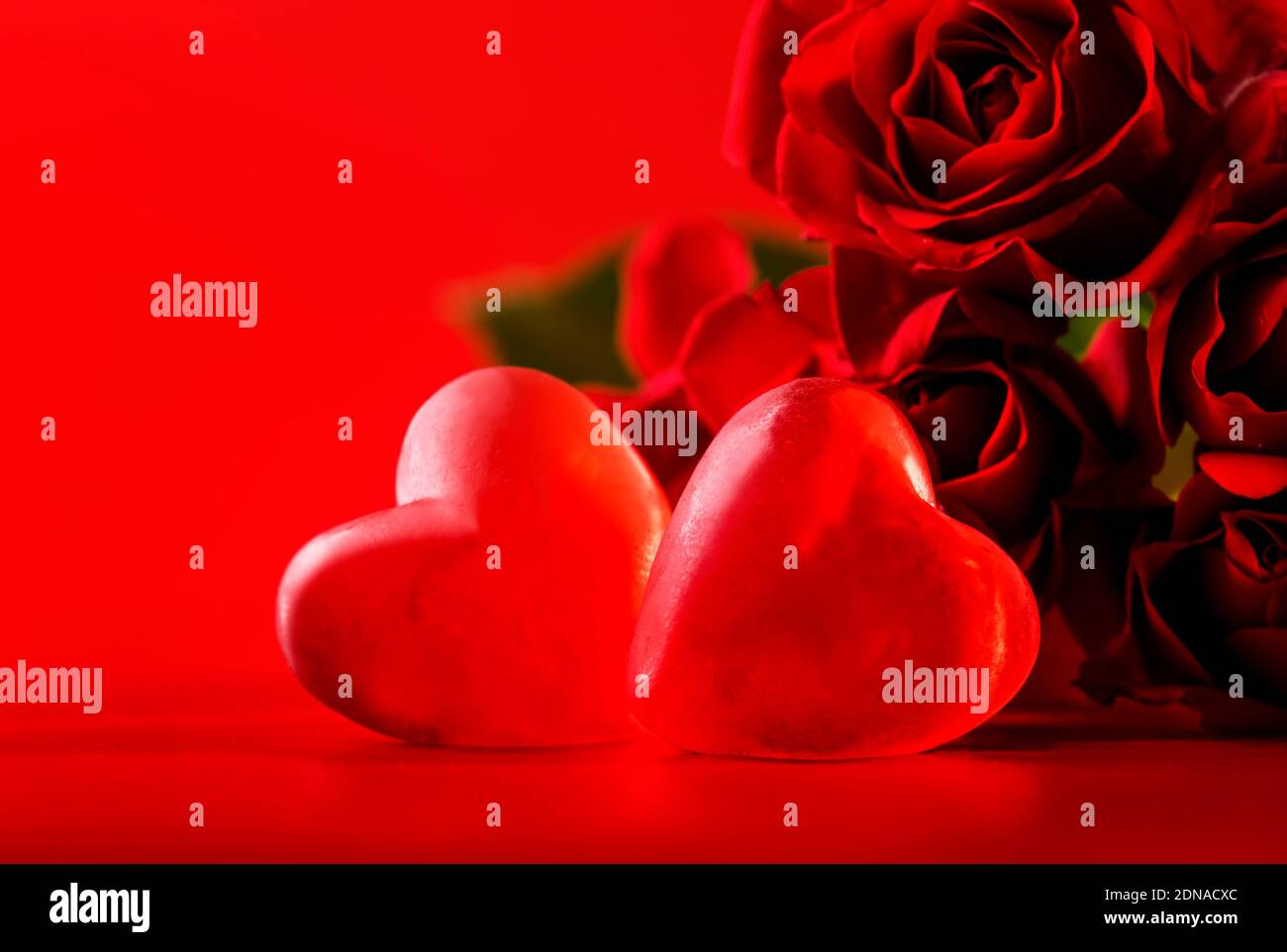 Valentine Day Background - Red Roses And Two Hearts In Scarlet Romantic ...