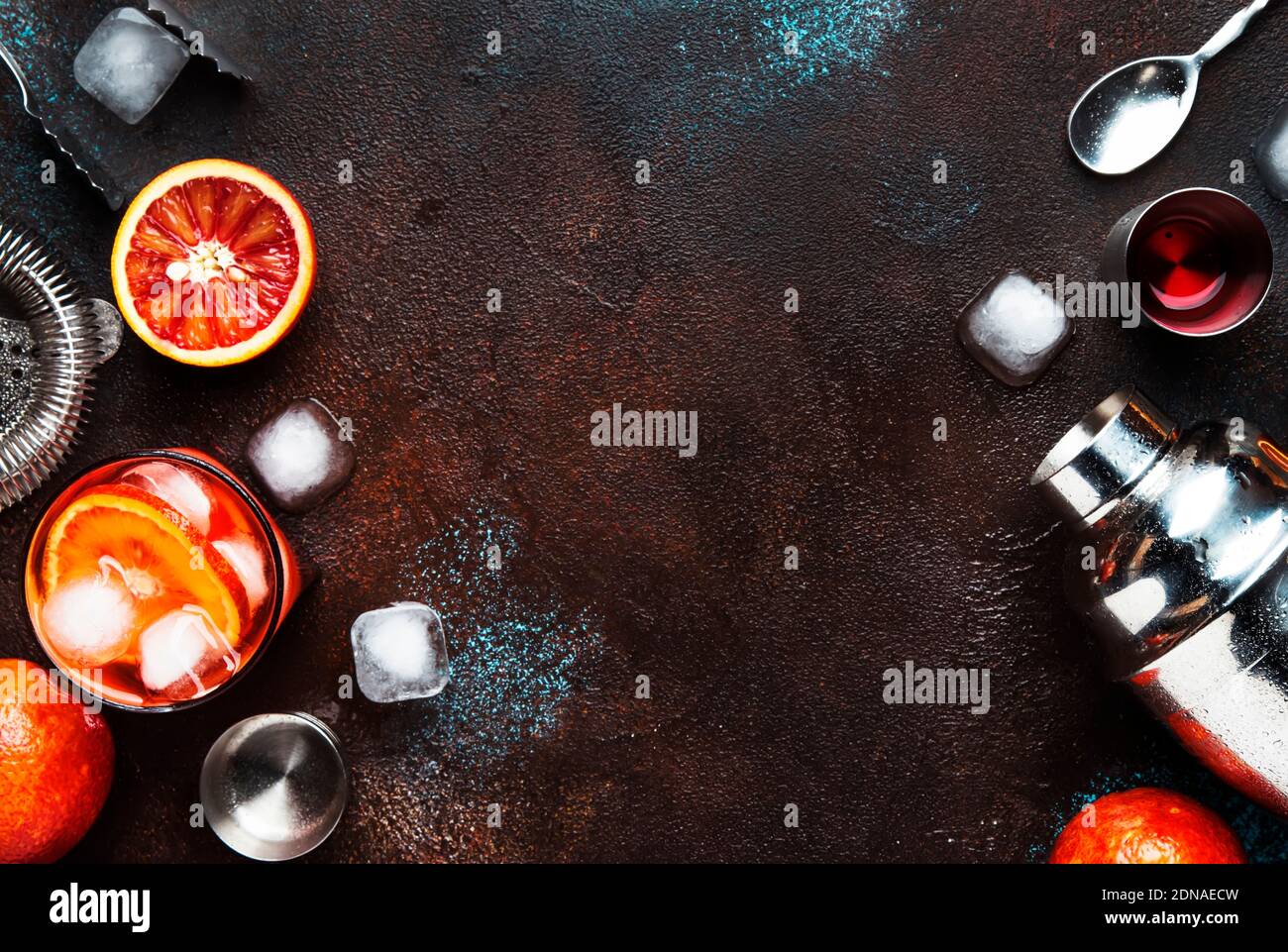 Trendy drink, alcoholic cocktail Negroni with dry gin, red vermouth and ...